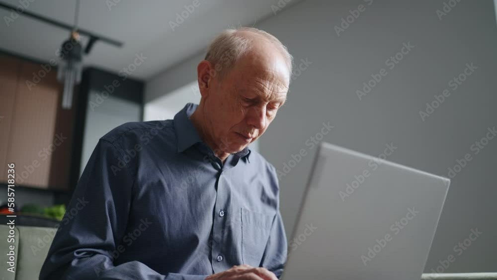 Grandfather Using Laptop, Portrait In Home, Elderly Man Typing Text On ...