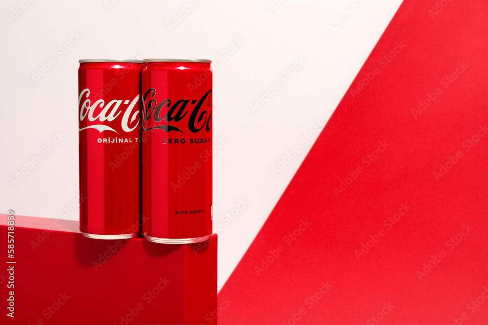Coca-cola cans on the white and red background. - Istanbul, Turkey, 26 ...