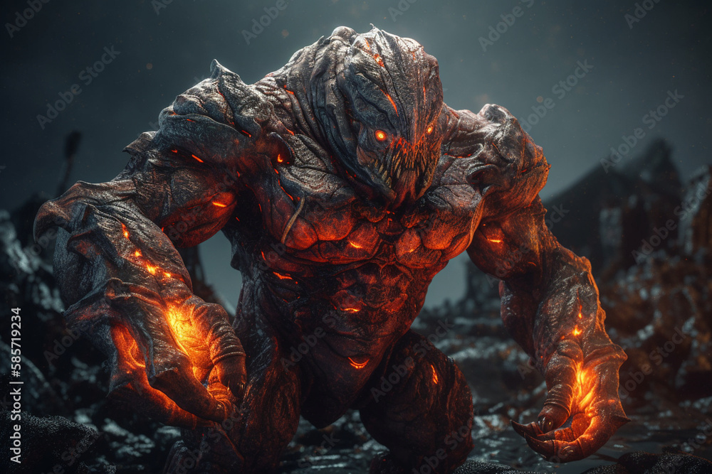 fire golem, created by a neural network, Generative AI technology Stock ...