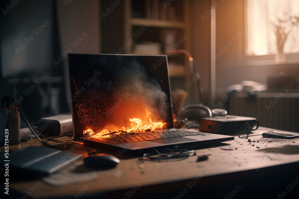 burning laptop, created by a neural network, Generative AI technology ...