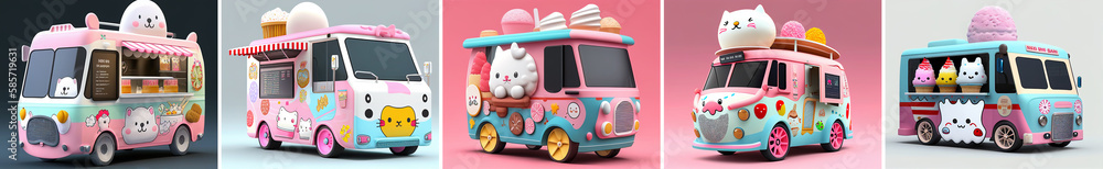 Cute ice cream truck. Ice cream food truck, isolated van, cartoon car ...