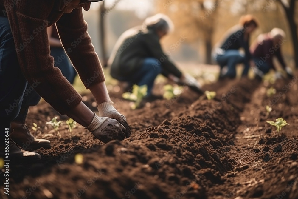 People planting trees or working in community garden, close-up, created ...