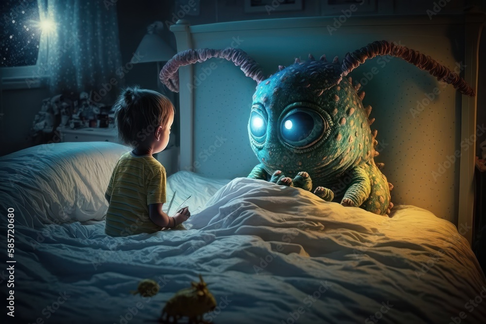 Alien is lying down on bed, little boy is sitting. Beautiful ...