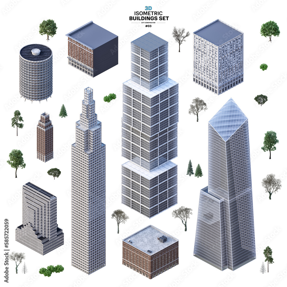 Isometric city constructor. Realistic urban 3D skyscrapers, business ...