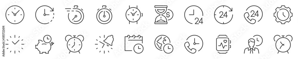 Time concepts and clocks thin line icon set. Symbol collection in ...