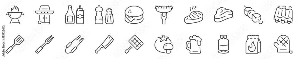 Barbecue and grill thin line icon set. Symbol collection in transparent ...