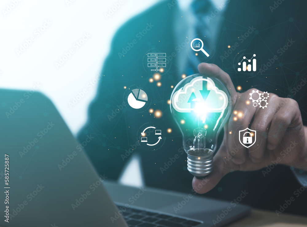 Light bulb showing cloud computing technology data diagrams and icons ...