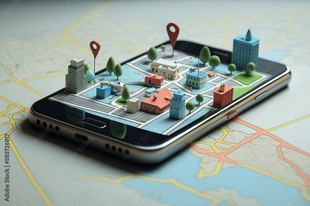 GPS app, map with pin pointing on mobile screen. Generative AI ...