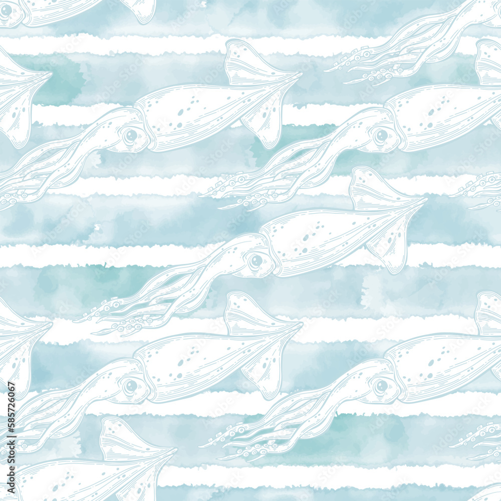 Seamless pattern with squids on blue watercolor background. Hand drawn ...