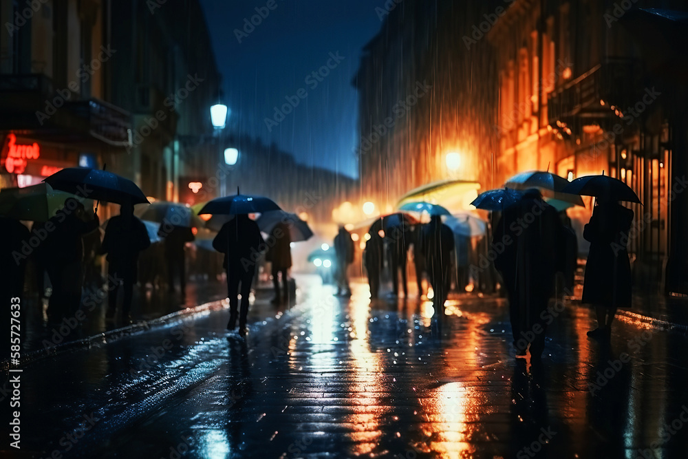 Generative AI illustration. Cinematic night rainy street with crowds of ...