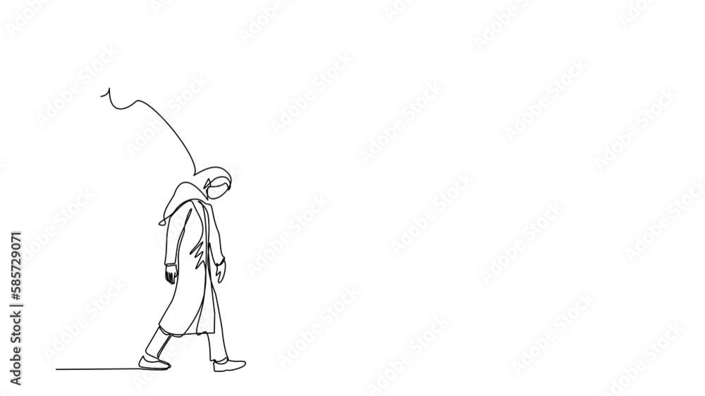 Self drawing animation of single line draw sad Arabic businesswoman in ...