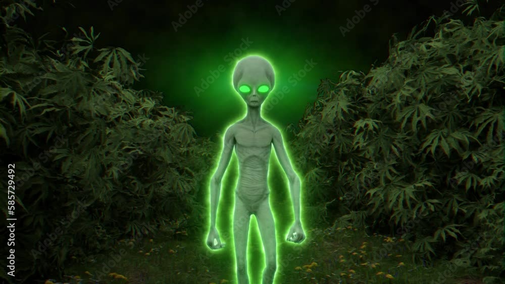 Green Glowing Alien Body Walking into Cannabis Forest Glowing UFO 420 ...