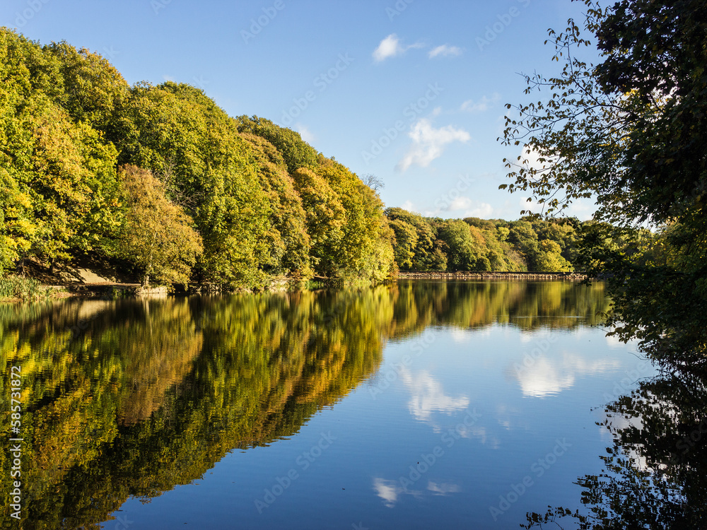 On a still late summer day the sky and trees are reflected in the ...