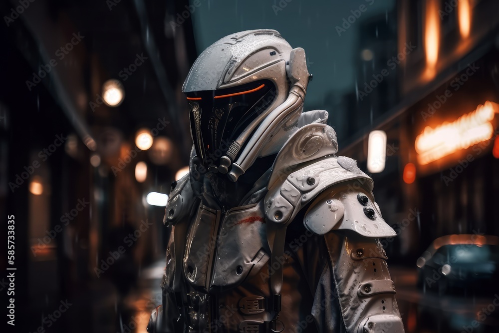 White cyberpunk samurai in armor on cyberpunk city street with ...