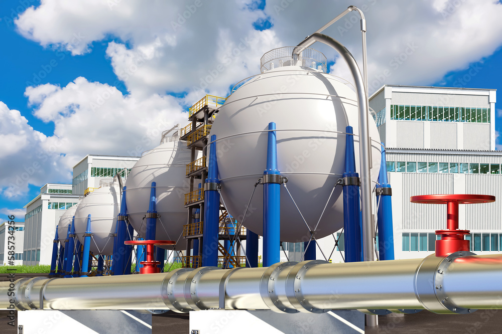High pressure tanks. Industrial zone. Gas storage tanks under blue sky ...