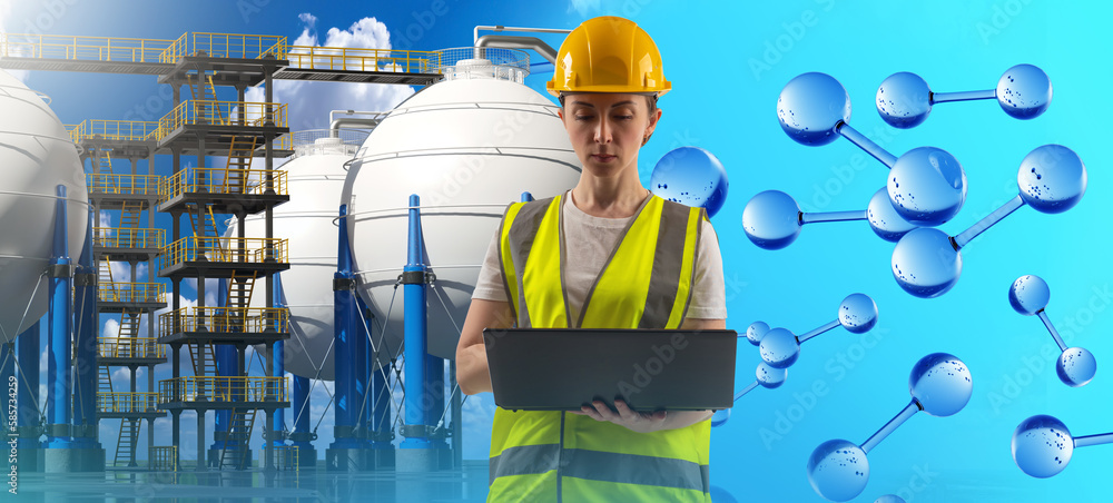 Hydrogen plant engineer. Woman with laptop. Hydrogen energy. H2 ...