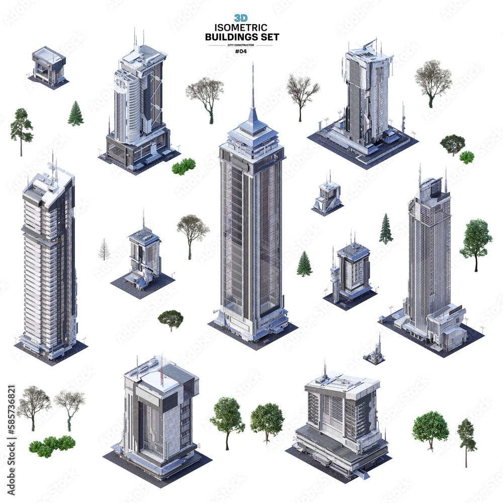 Isometric city constructor. Realistic urban 3D skyscrapers, business ...