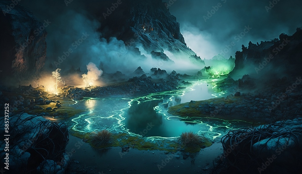 Geothermal world, bubbling hot springs, towering geysers, and a fiery ...