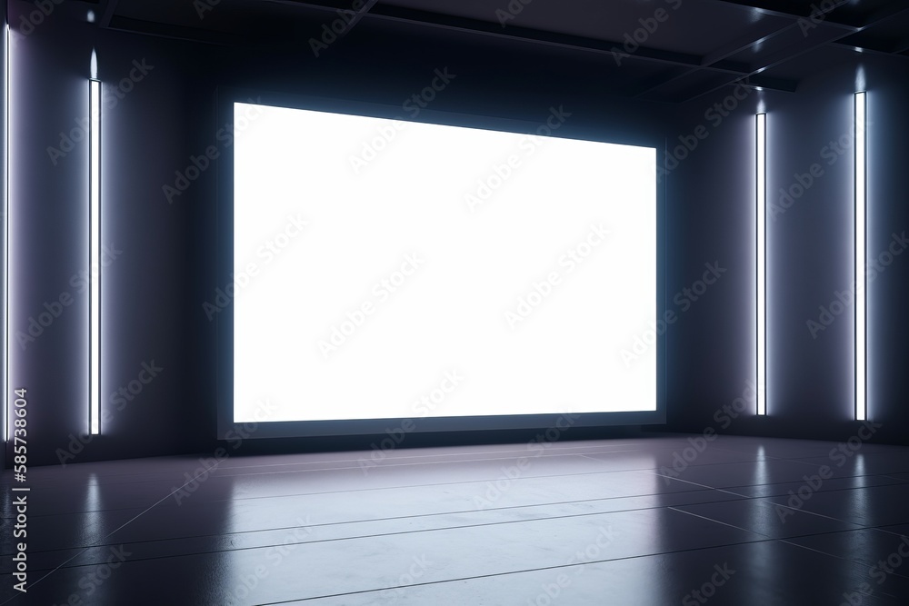 A blank white screen with space for logo or text in a dark room with a ...