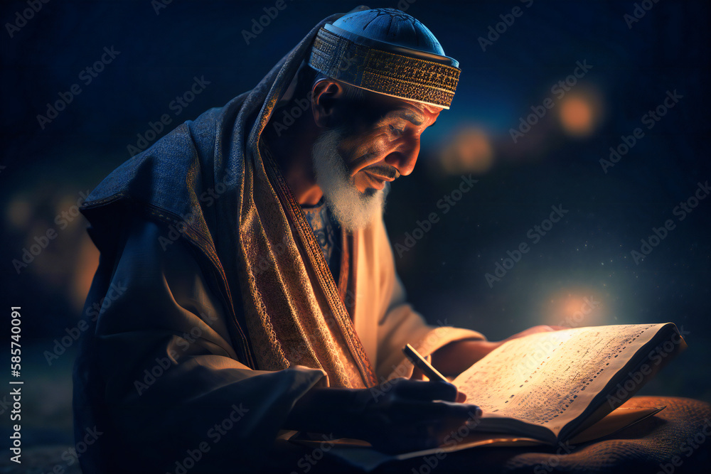 In traditional Arabic clothing, an Arab man recites the Qur'an outdoors ...
