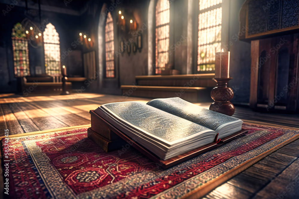 An open Quran in the mosque serves as a centerpiece for prayer ...