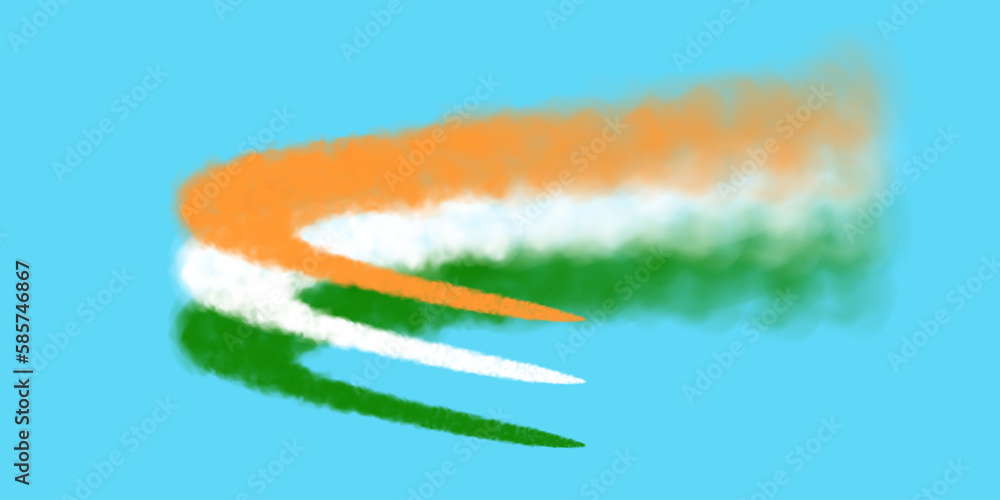 Smoke trails from a flying plane in the colors of the indian flag. Red ...