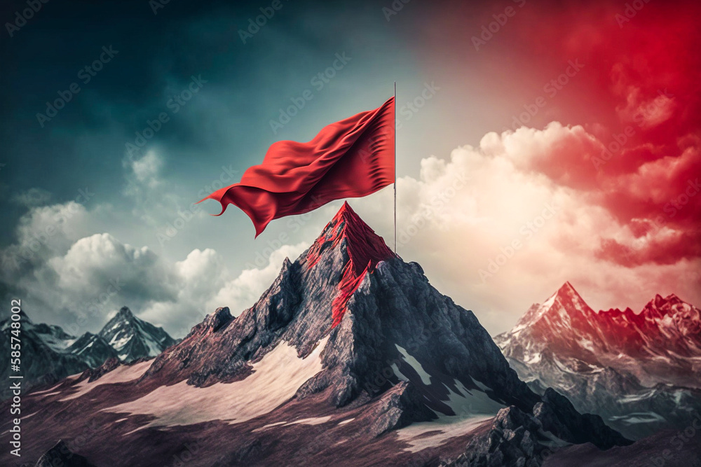 Drapeau rouge en haut de la montagne, symbole de réussite, but atteint ...