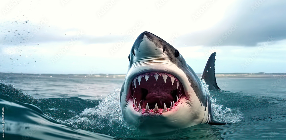 Head of a great white shark on the surface of the sea, opening its ...