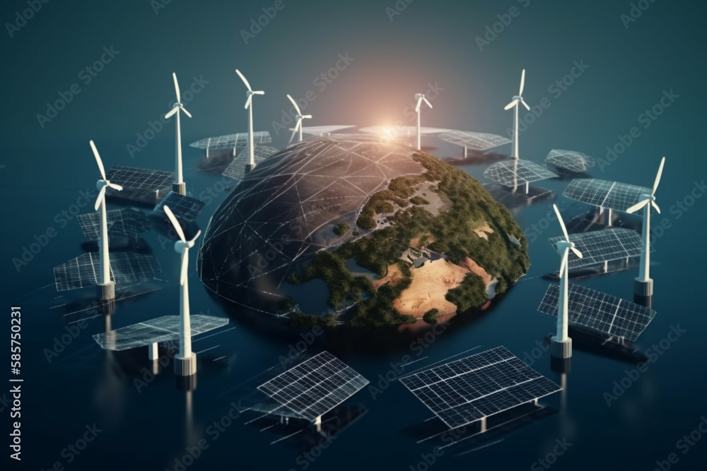 Renewable Energy Landscape Concept with Solar panels and Wind turbines representing the use of ...