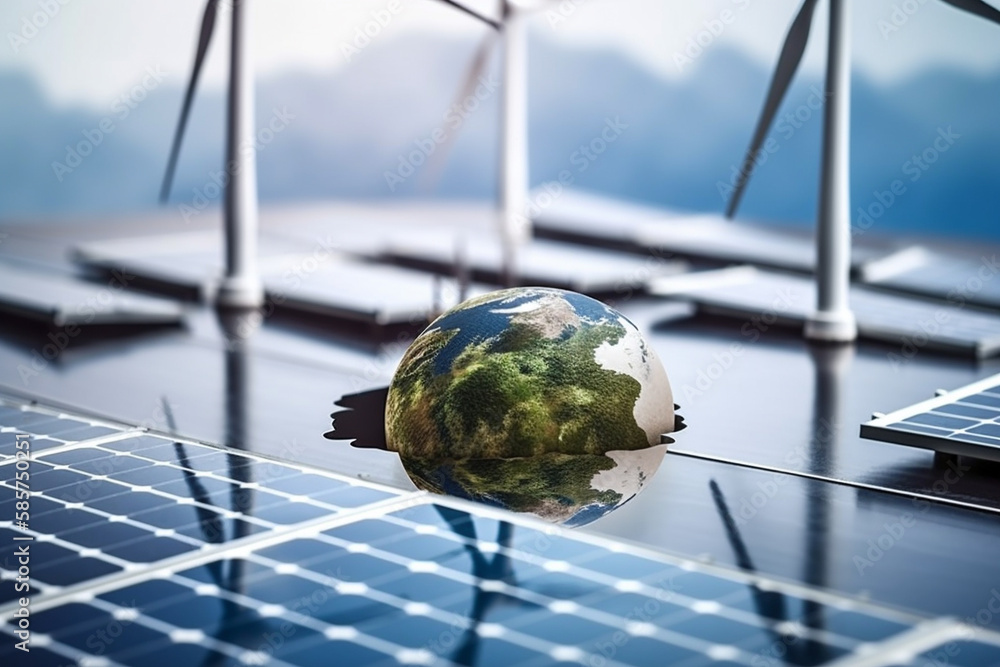 Renewable Energy Landscape Concept with Solar panels and Wind turbines representing the use of ...