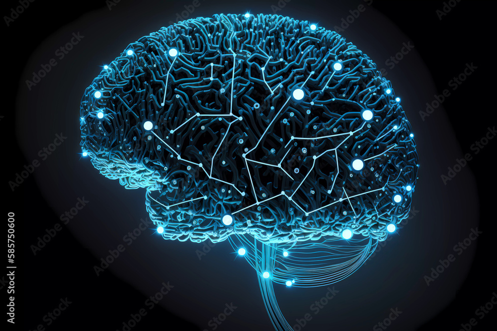 Artificial Intelligence and human brain concept. Glowing blue brain and ...