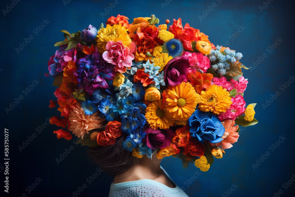 Beautiful woman with vibrant spring flowers in place of her hair ...