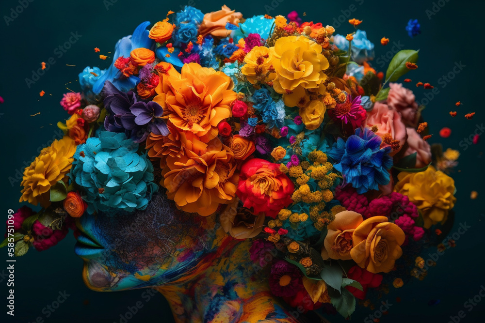 Beautiful woman with vibrant spring flowers in place of her hair ...