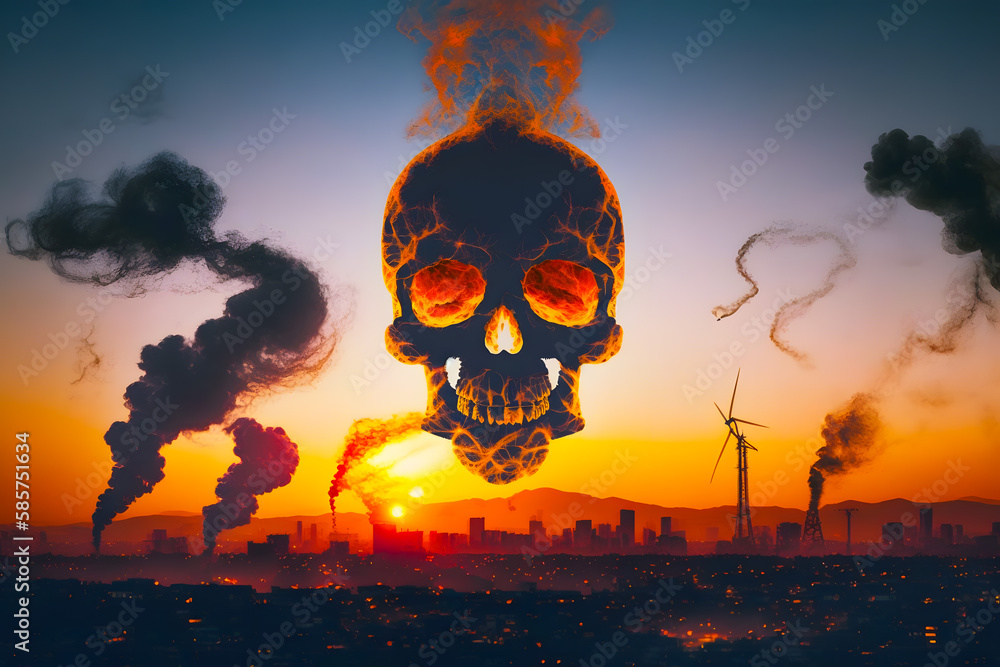 Smoke emissions in the form of a human skull head in the sky at sunset ...