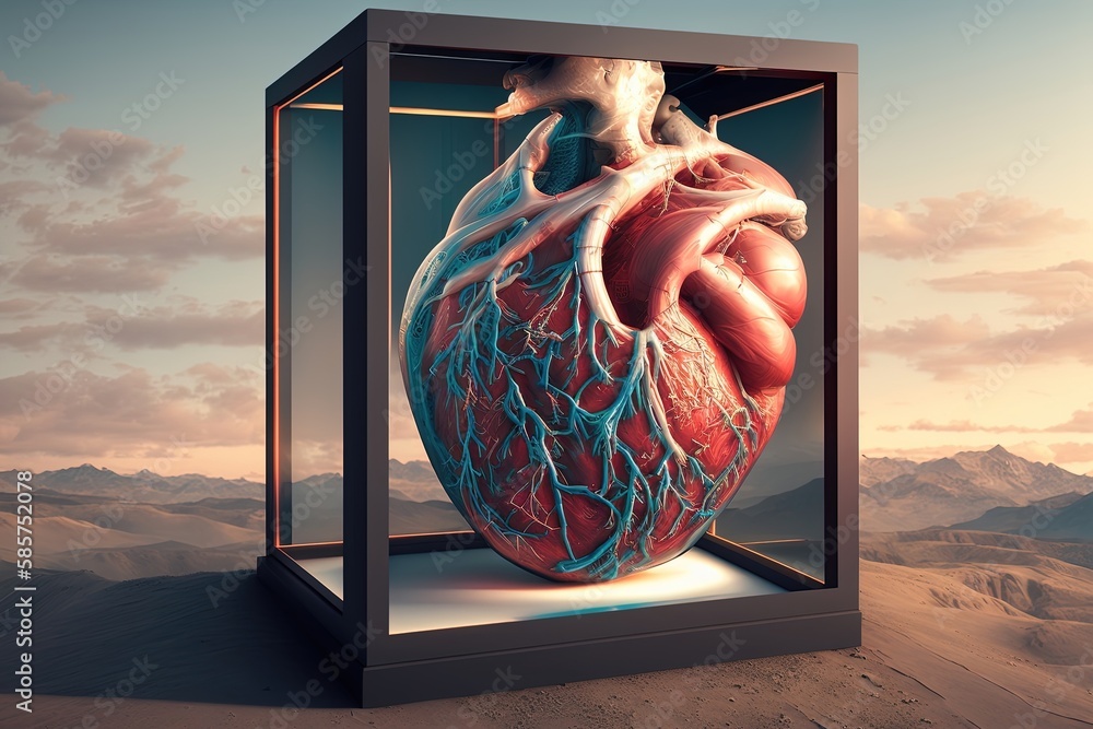 Mutated heart in a little glass box, laboratory, science and research ...