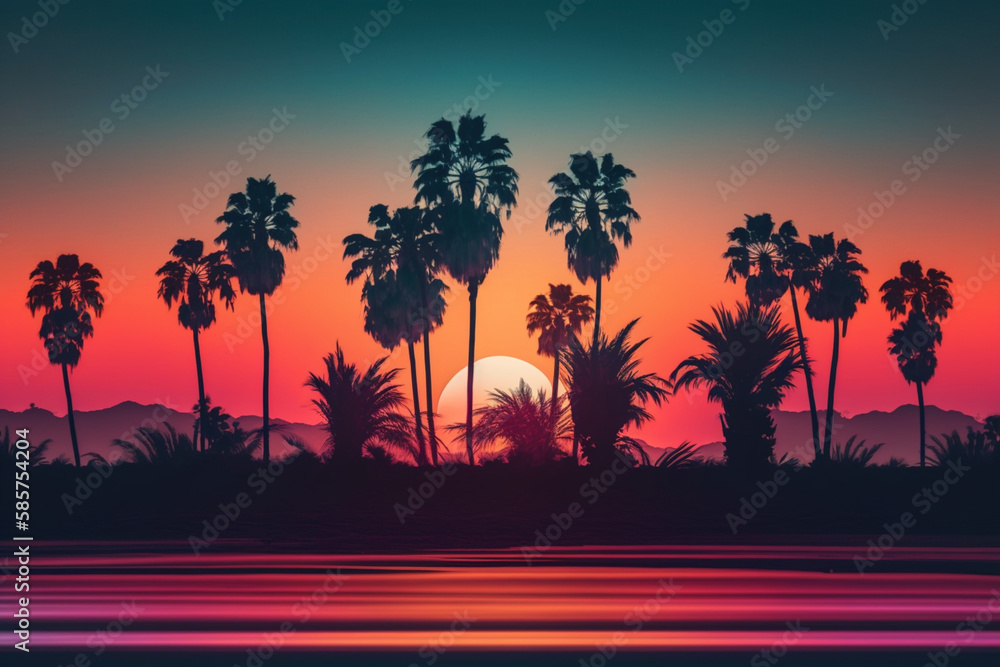 Sunset with Synth wave vibes and palm trees. 80's retro color scheme ...