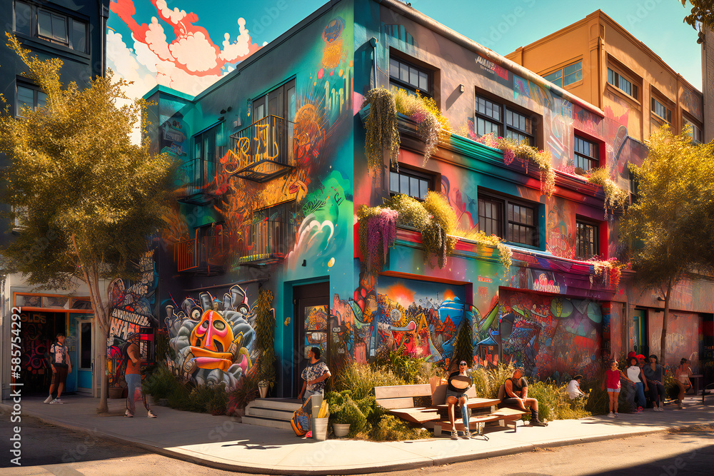 A vibrant outdoor mural, bringing life and color to a sunlit city ...