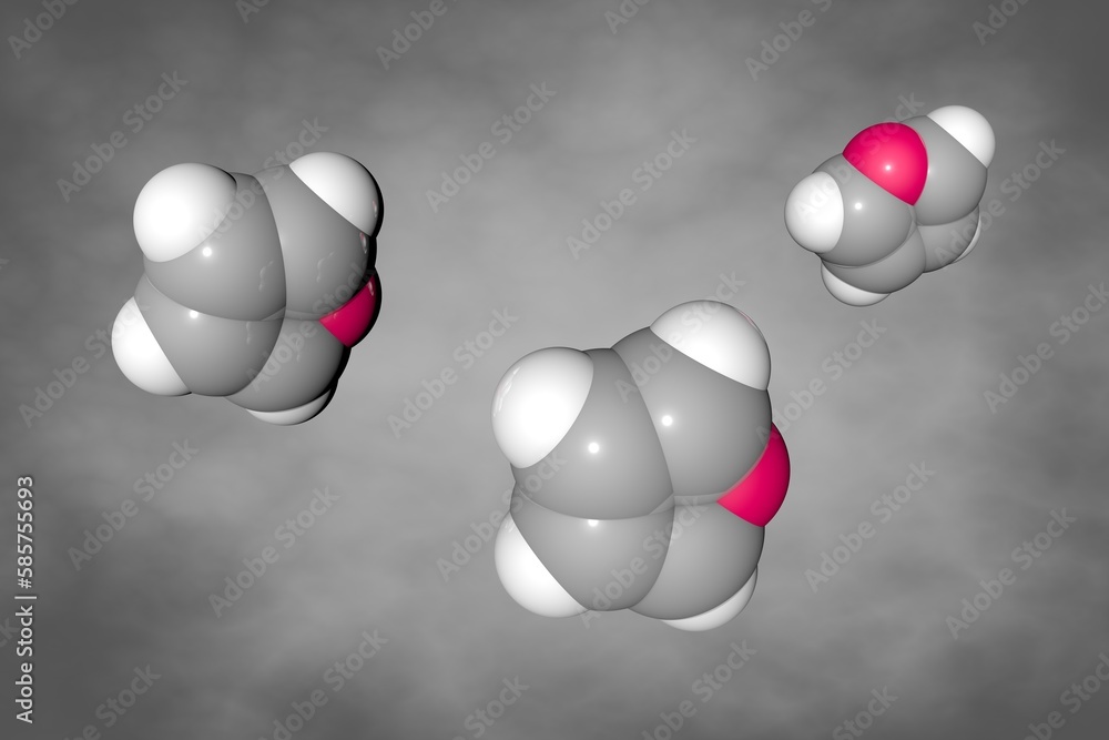 Furan, a five membered heterocyclic compound. Space-filling molecular ...
