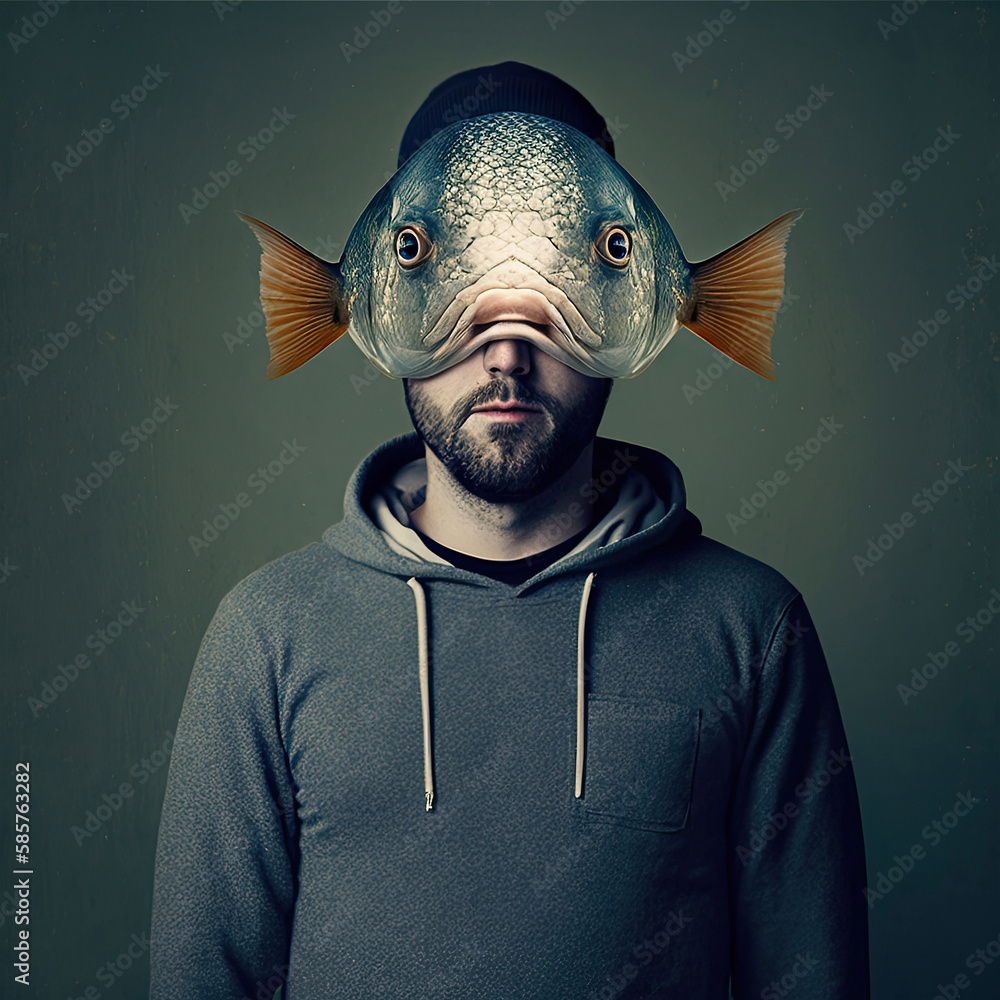 Generated photorealistic conceptual image of a man with a fish for a ...
