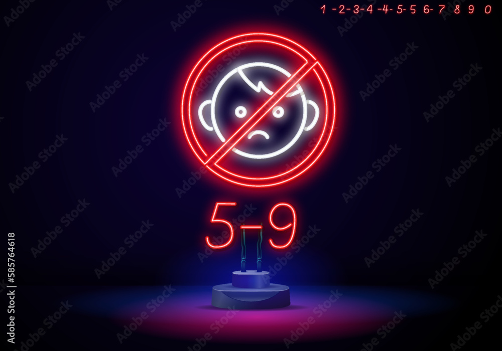 Neon sign of age limit 6, 12, 14,16,18 and 21 plus on a transparent ...