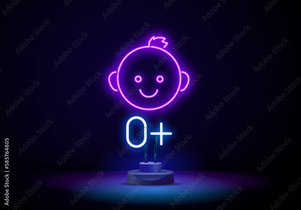 Neon sign of age limit 6, 12, 14,16,18 and 21 plus on a transparent ...