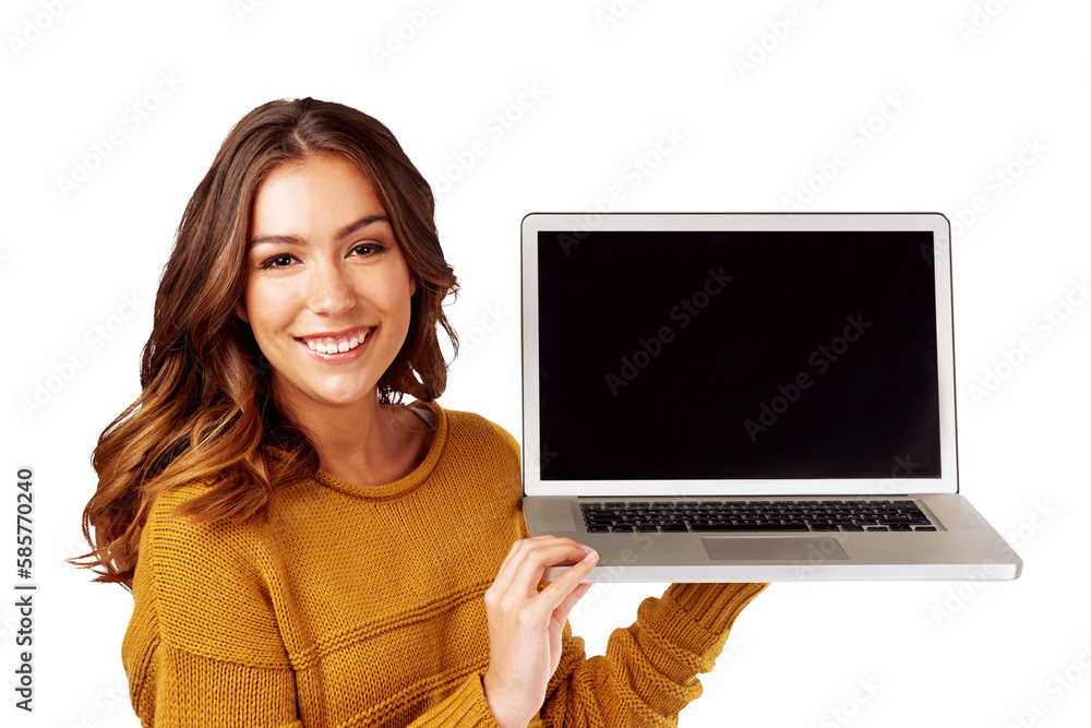Portrait, happy woman and blank laptop for studying and elearning ...