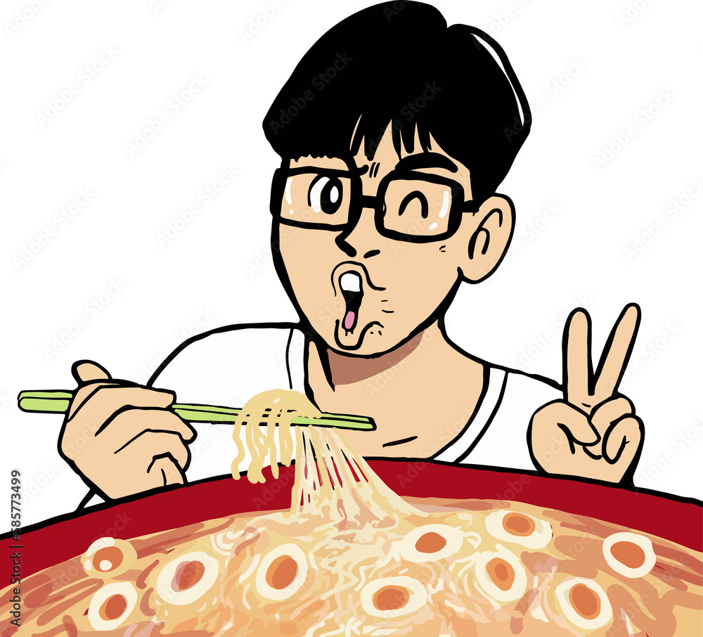 cartoon man eating huge bowl of instant noodles very much.png Stock ...