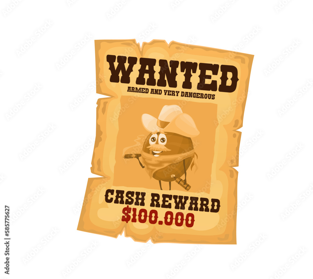 Vintage Western wanted poster with plum bandit character, vector fruit ...