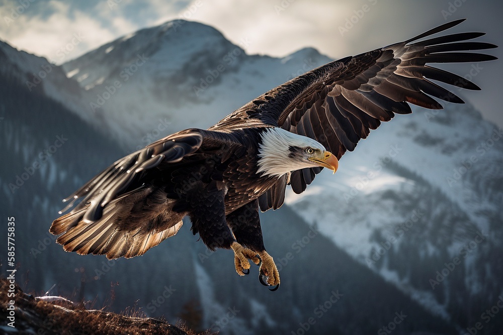 Bald Eagle Soaring High Above Rugged Mountain Peaks, Scanning Landscape for Prey with Sharp Eyes ...