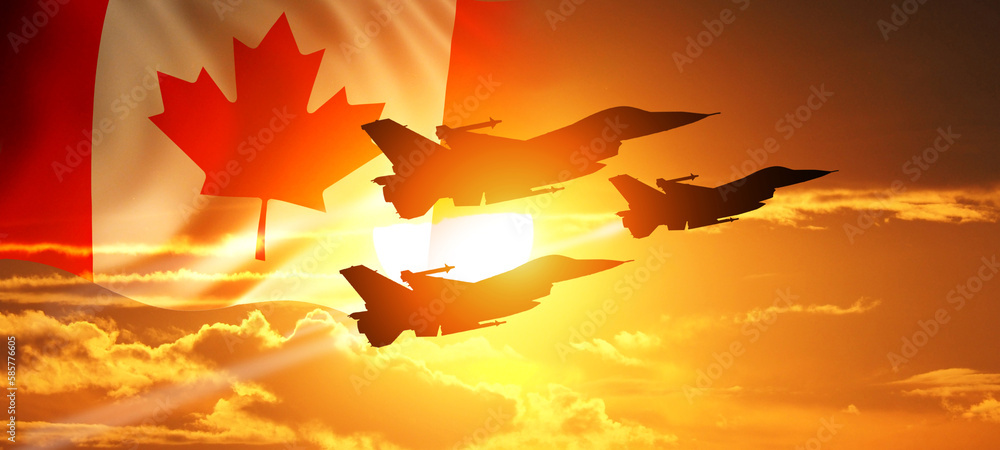 Group of aircraft fighter jet airplane. Canada flag. Air force day. 3d ...
