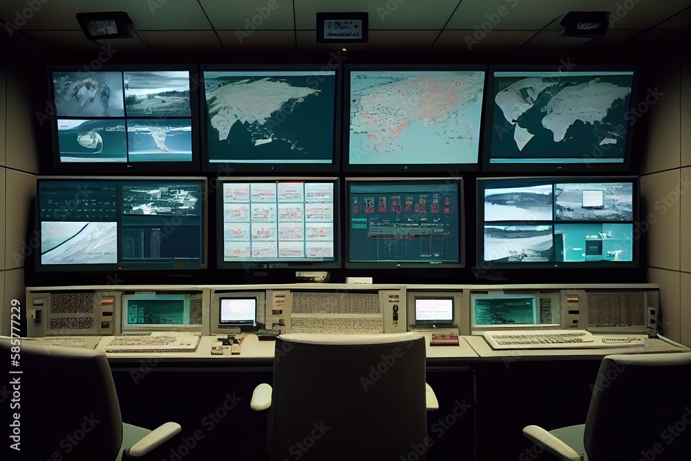government surveillance room, with monitors displaying live feeds from ...