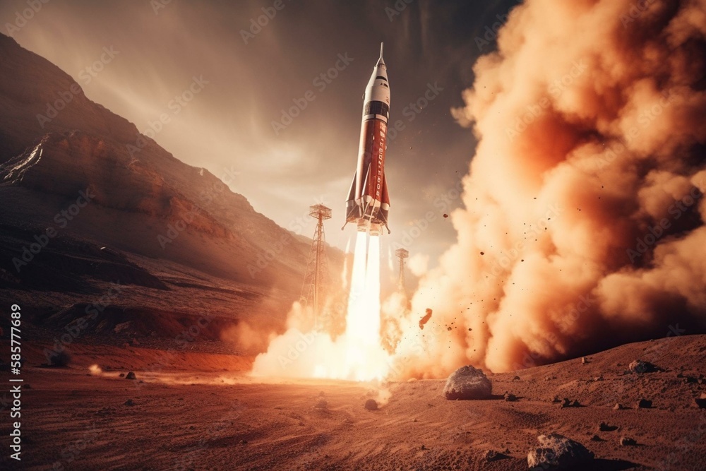 Rocket with blast and smoke takes off to the red planet mars mars ...