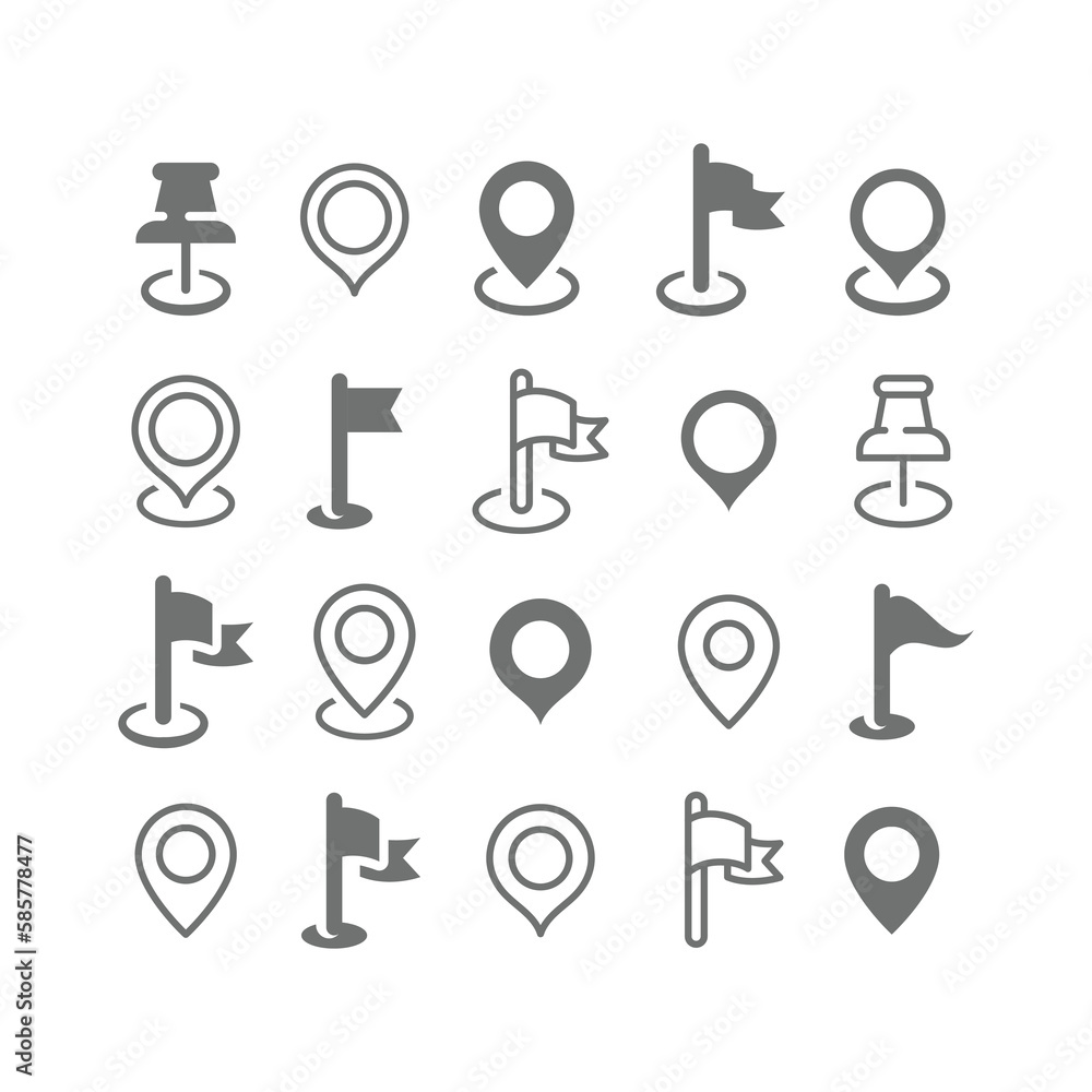 Location, map pin and flag line and fill vector icon set. Position and ...