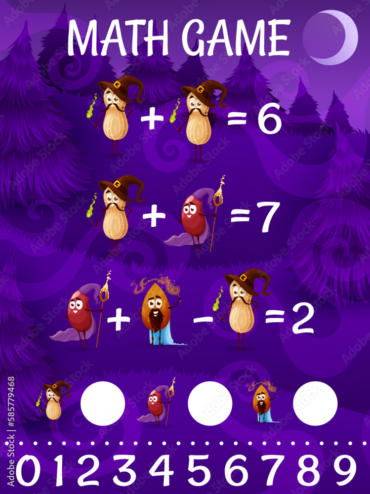 Cartoon nut and bean wizard and mage characters, math game worksheet ...